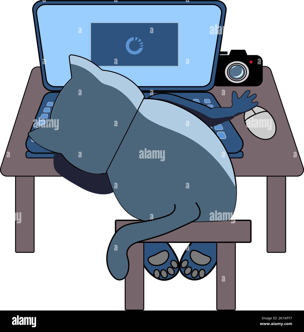 Tired cartoon blue cat photographer, fell asleep in the evening at the ...