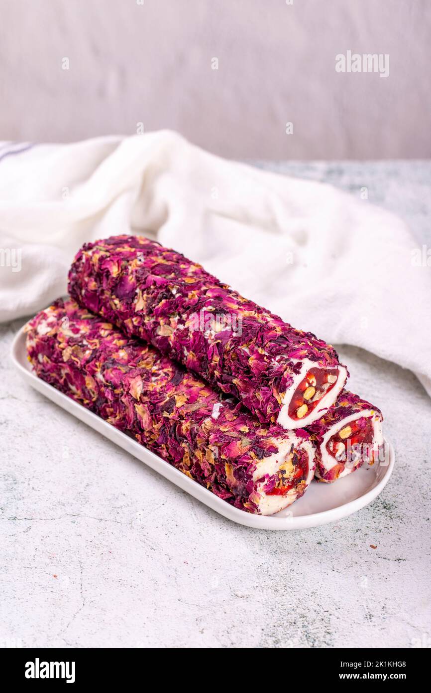 Turkish delight with pistachio on a gray background. Turkish delight ...