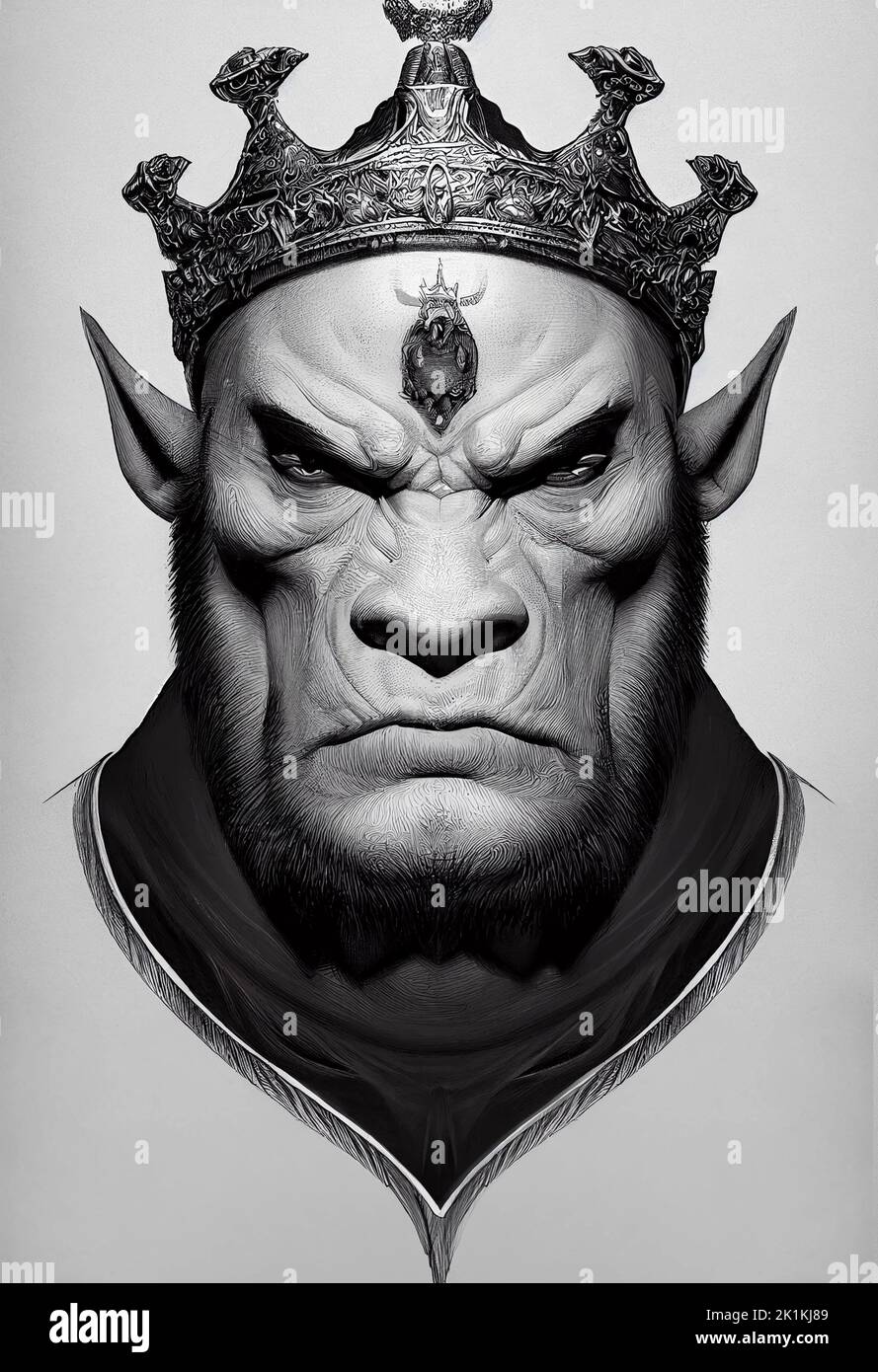 The vertical grayscale view of a crowned Goblin - The portrait of a ...
