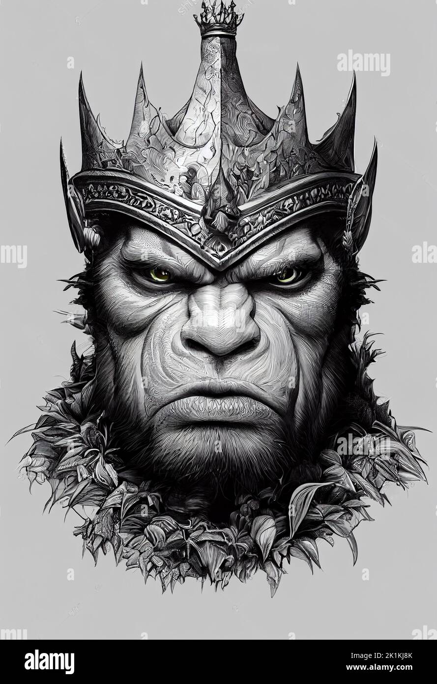 The vertical grayscale view of a crowned Orc - The portrait of a ...