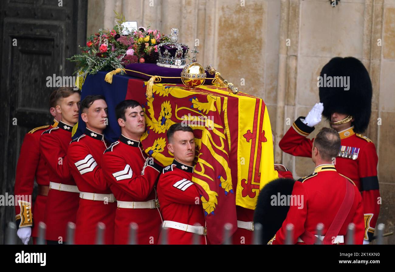The coffin of Queen Elizabeth II, draped in the Royal Standard with the ...