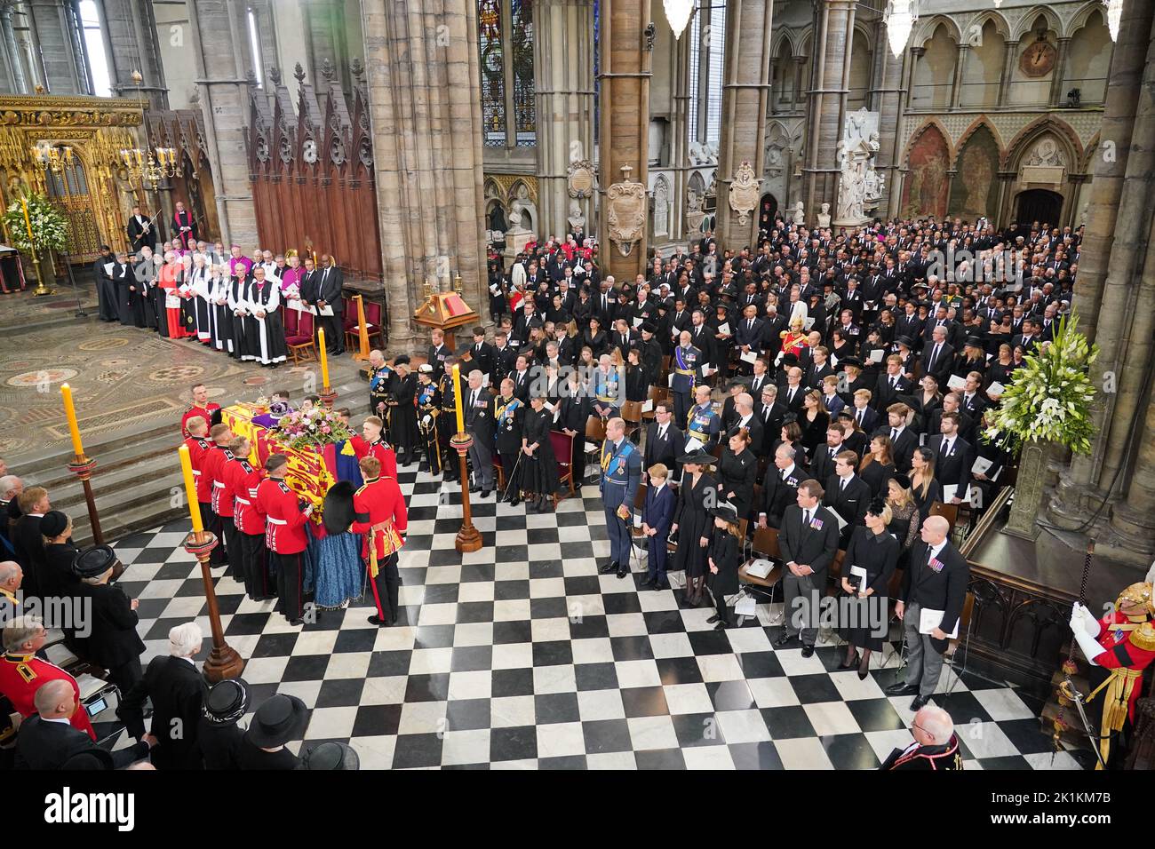 The coffin of Queen Elizabeth II, draped in the Royal Standard with the ...