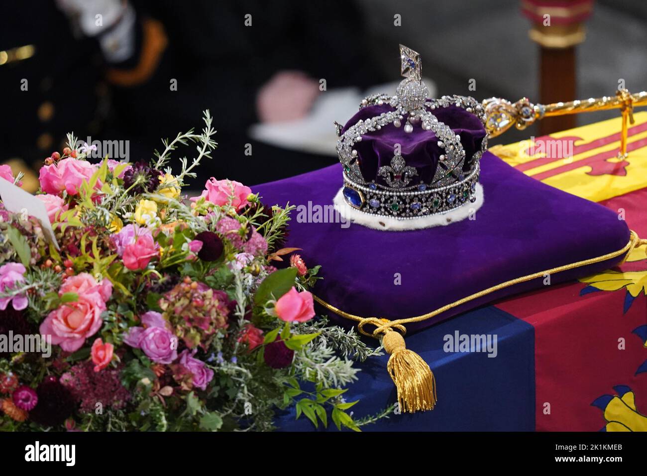 The coffin of Queen Elizabeth II, draped in the Royal Standard with the ...