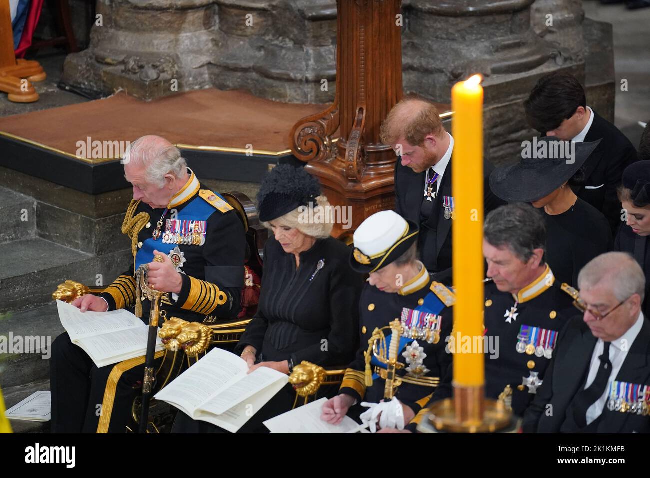 (front row) King Charles III, the Queen Consort, the Princess Royal ...