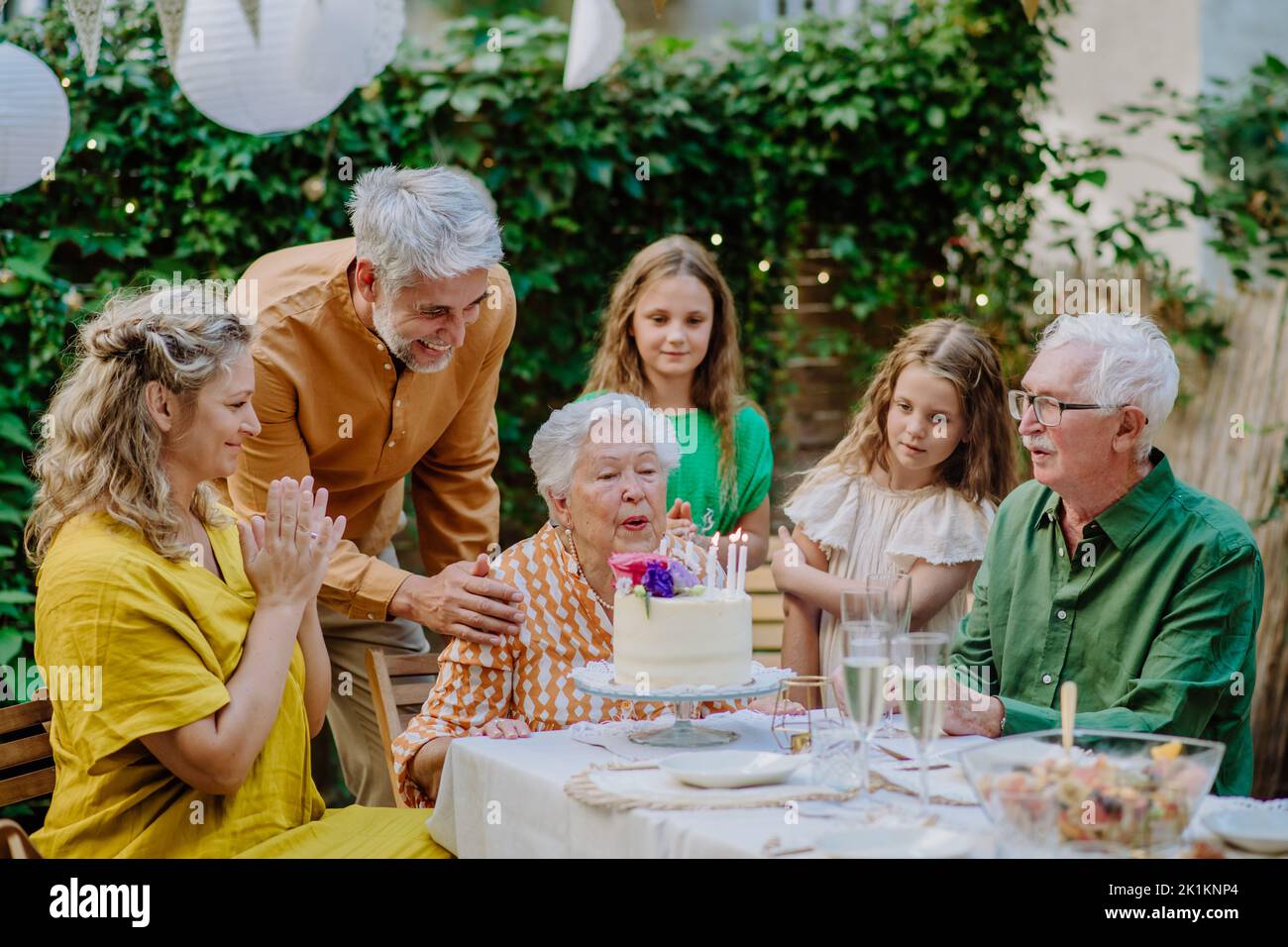 Multi-generation family on outdoor summer garden party, celebrating ...