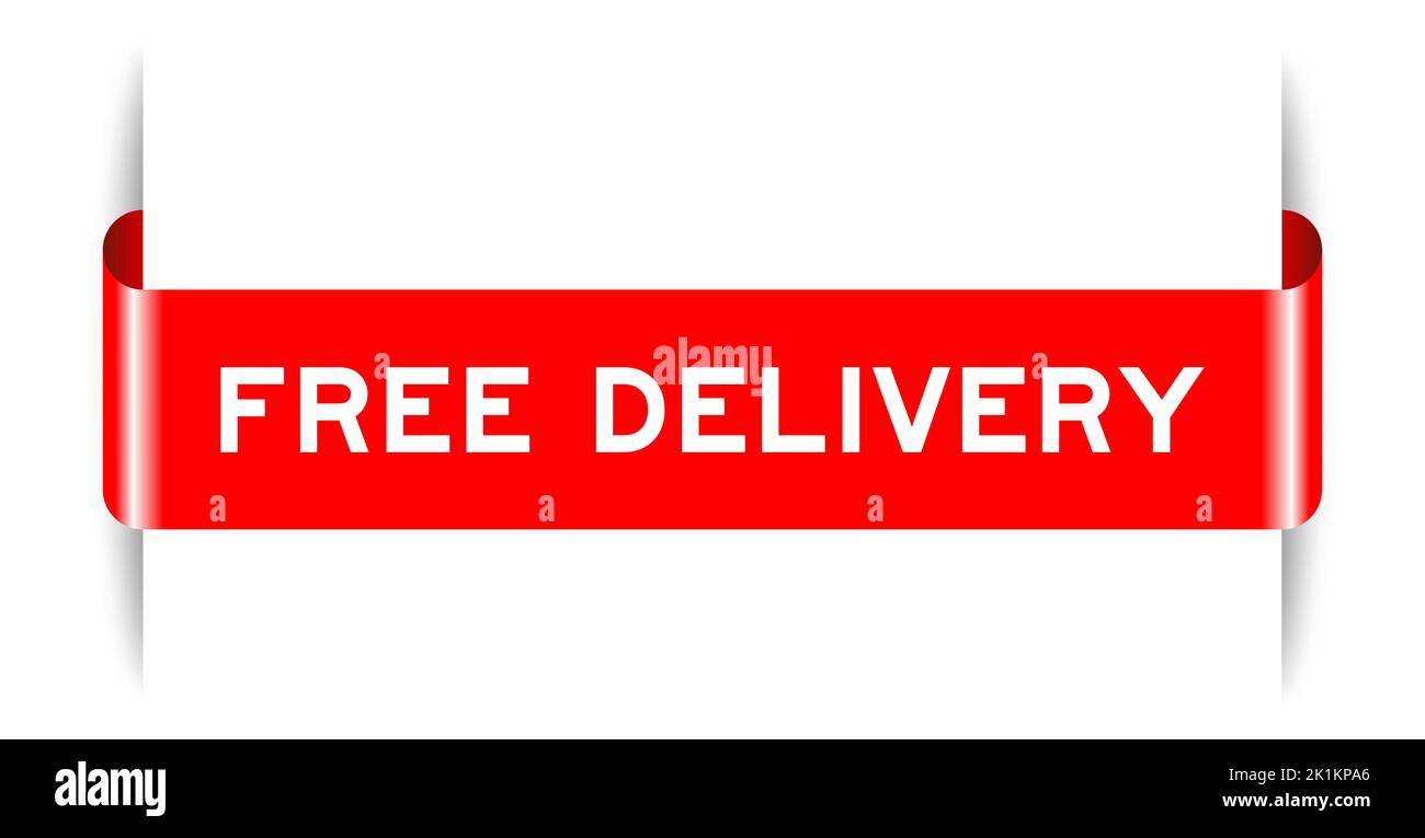 Red color inserted label banner with word free delivery on white ...