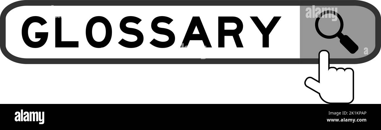 Search banner in word glossary with hand over magnifier icon on white ...