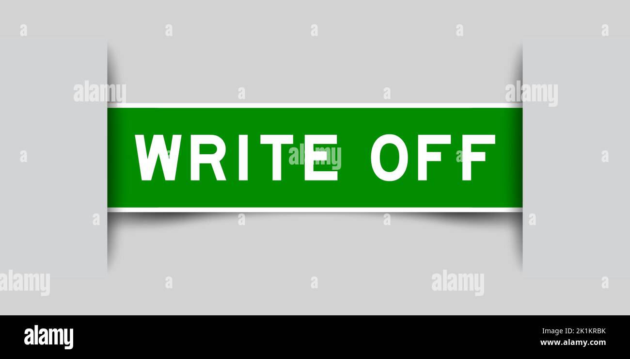 Inserted green color label sticker with word write off on gray ...