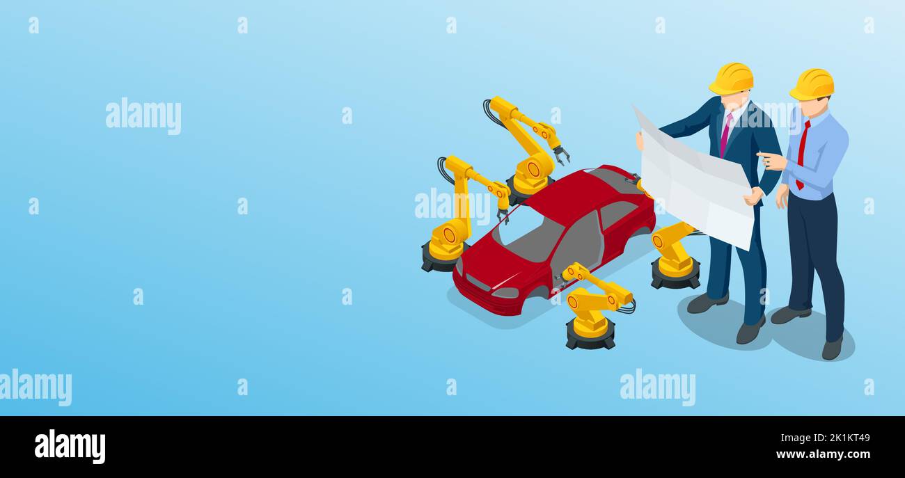 Isometric Car manufacturer, robot assembly line in car factory. Car ...