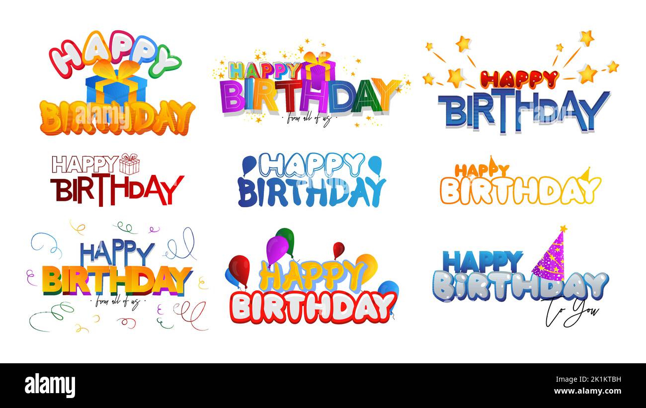 Colorful greeting birthday party calligraphy. Icon collection. Isolated ...