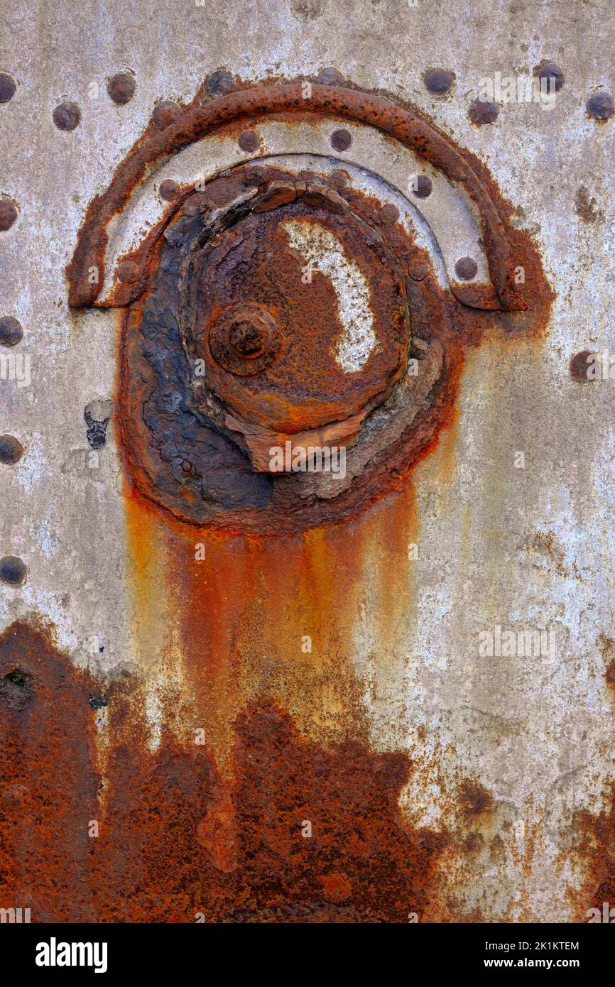 Rusty old weathered crumbling textured iron and steel sea defence Stock ...