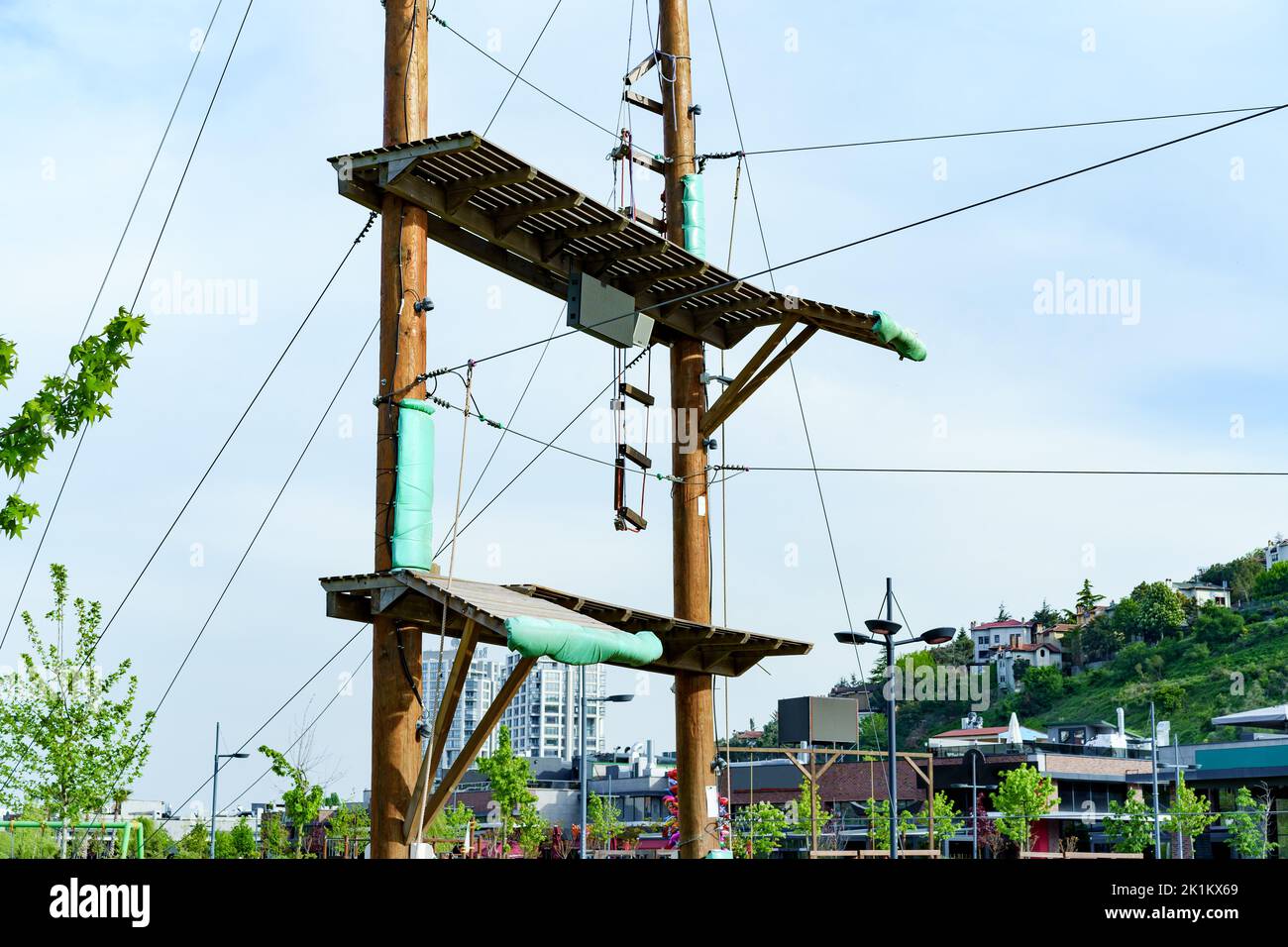 Various equipment and gear in high wire park Stock Photo - Alamy