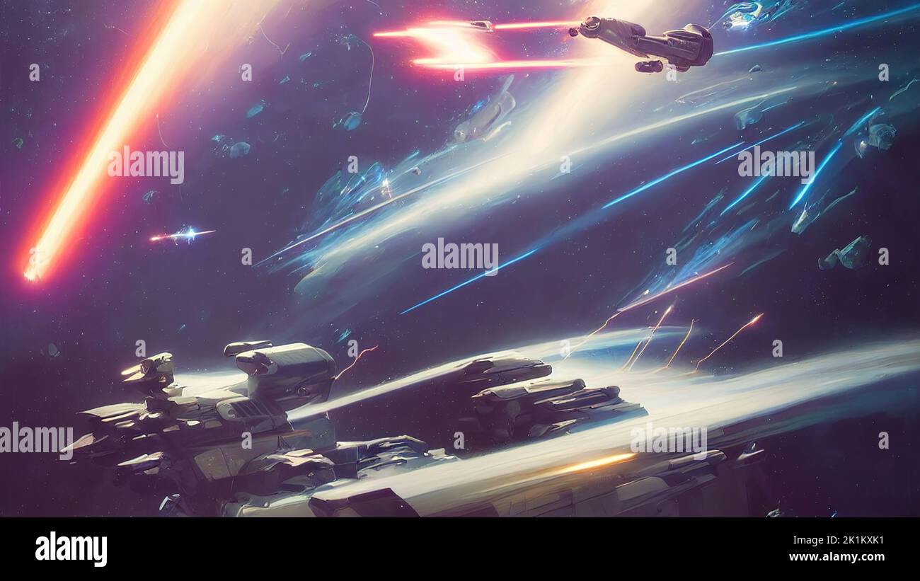 Space battle, spaceships are fighting, shooting from laser guns ...