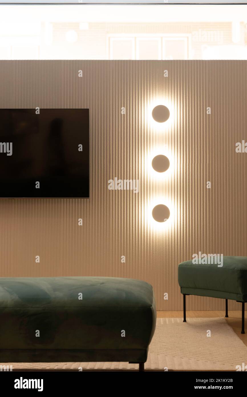 Vertical view of basement contenporary interior design with dorecative ...