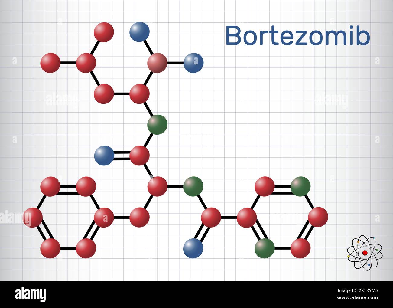 Bortezomib molecule. It is anticancer medication. Structural chemical formula, molecule model ...
