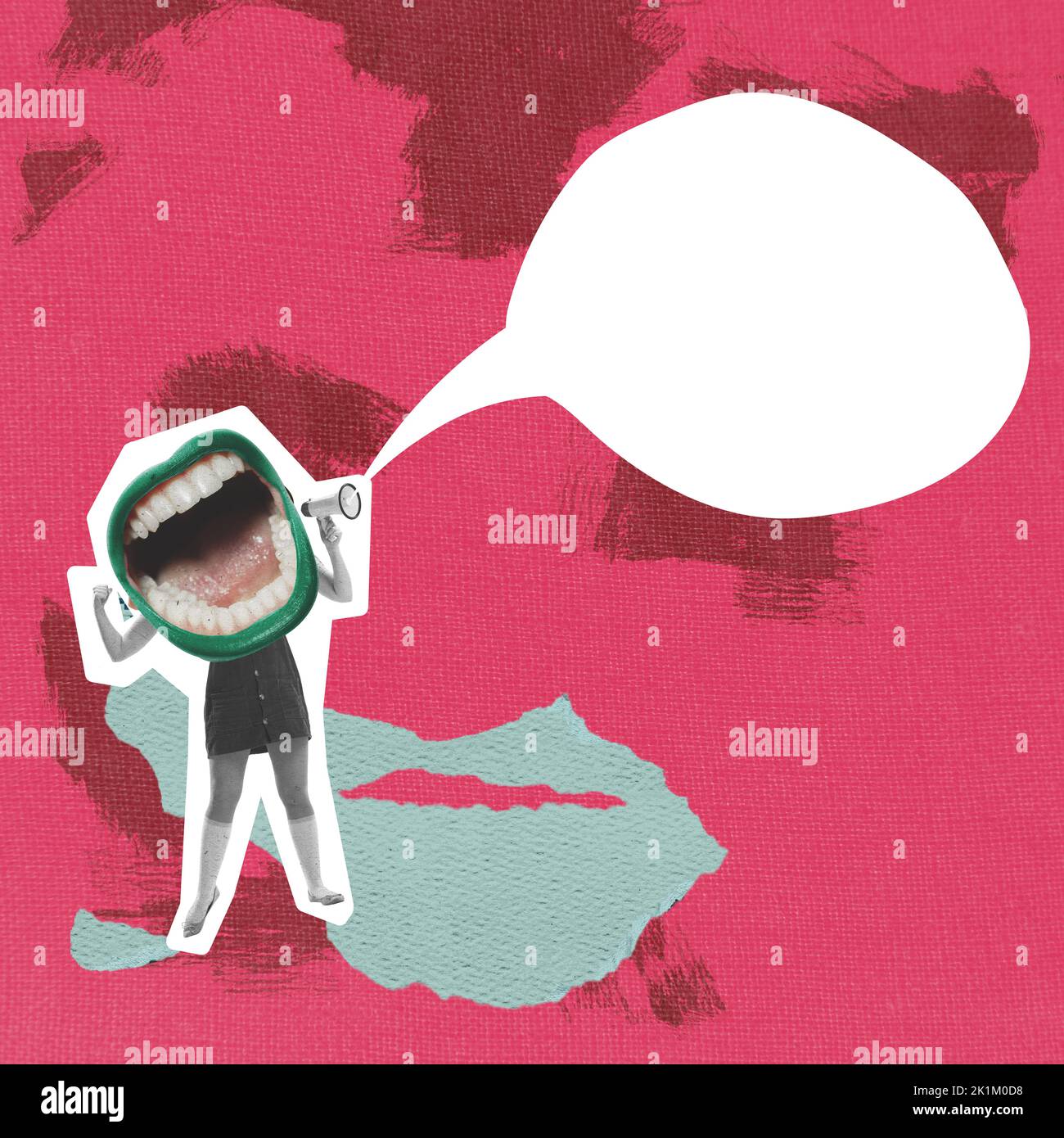 Contemporary art collage. Woman's body with shouting mouth instead head ...