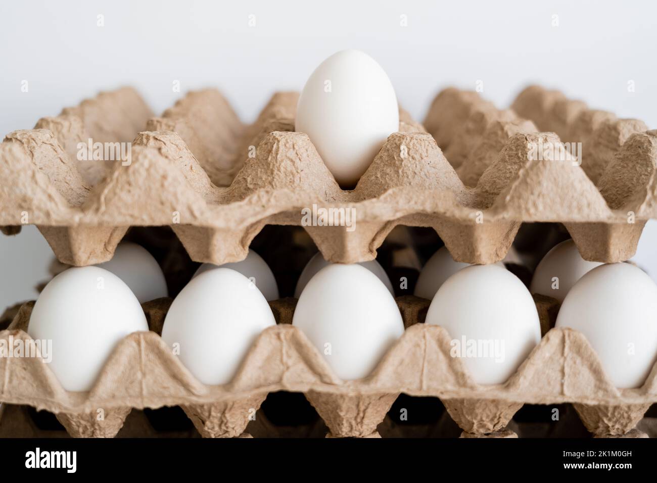 Eggs in cardboard trays on blurred white background Stock Photo - Alamy
