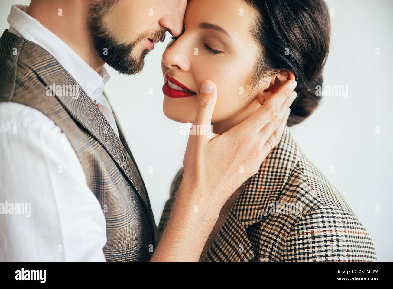 Romantic couple. Harmony relationship. Trust love. Happy beloved man and woman embracing ...