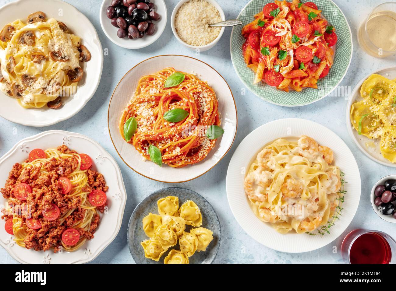 Pasta, many different varieties, overhead flat lay shot. Italian food ...
