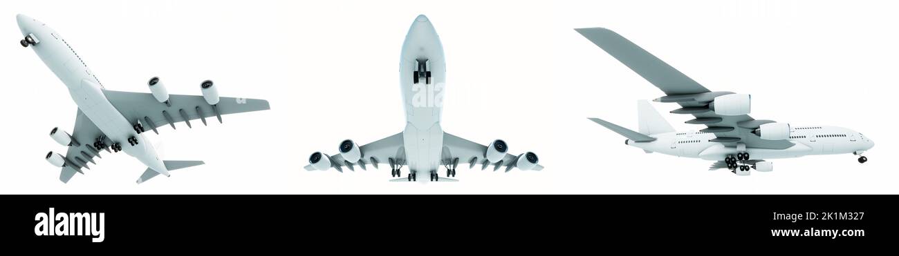 Conceptual set of three flying white passenger jetliner or commercial ...