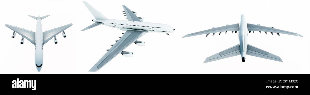 Conceptual set of three flying white passenger jetliner or commercial ...