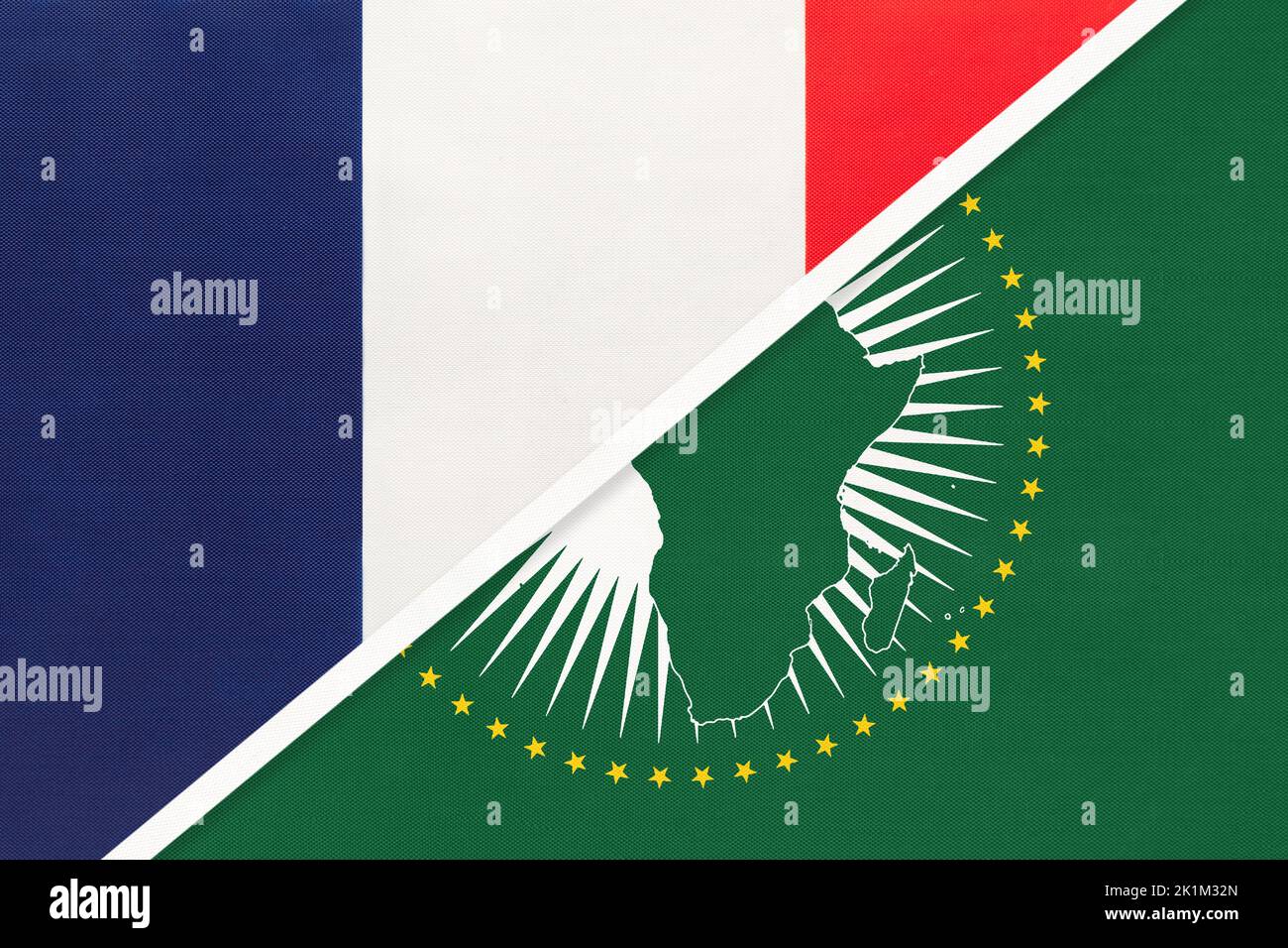 African Union and France, national flag from textile. Africa continent ...