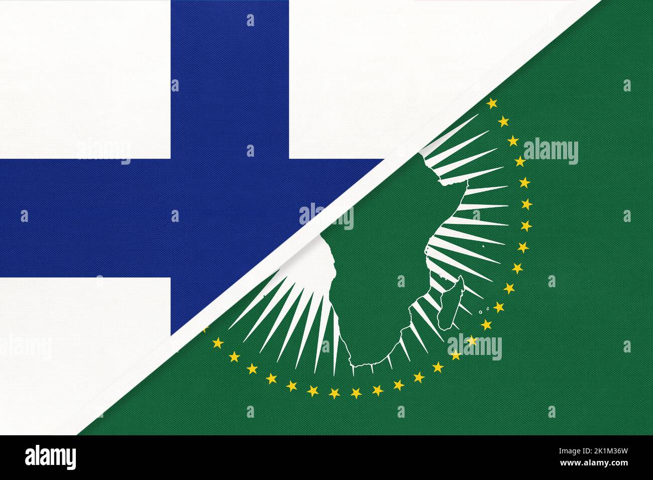 African Union and Finland, national flag from textile. Africa continent ...