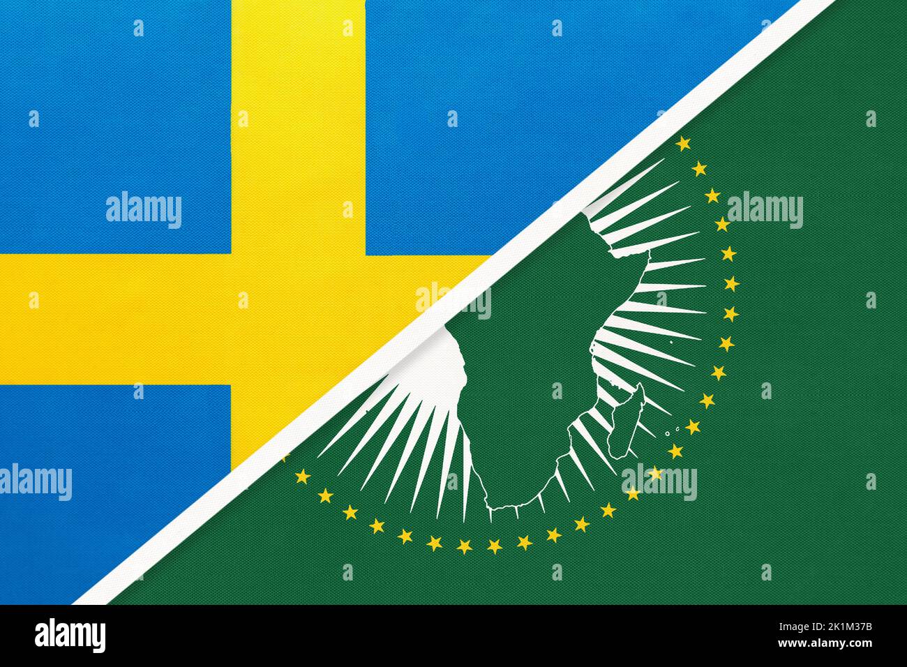 African Union and Sweden, national flag from textile. Africa continent ...