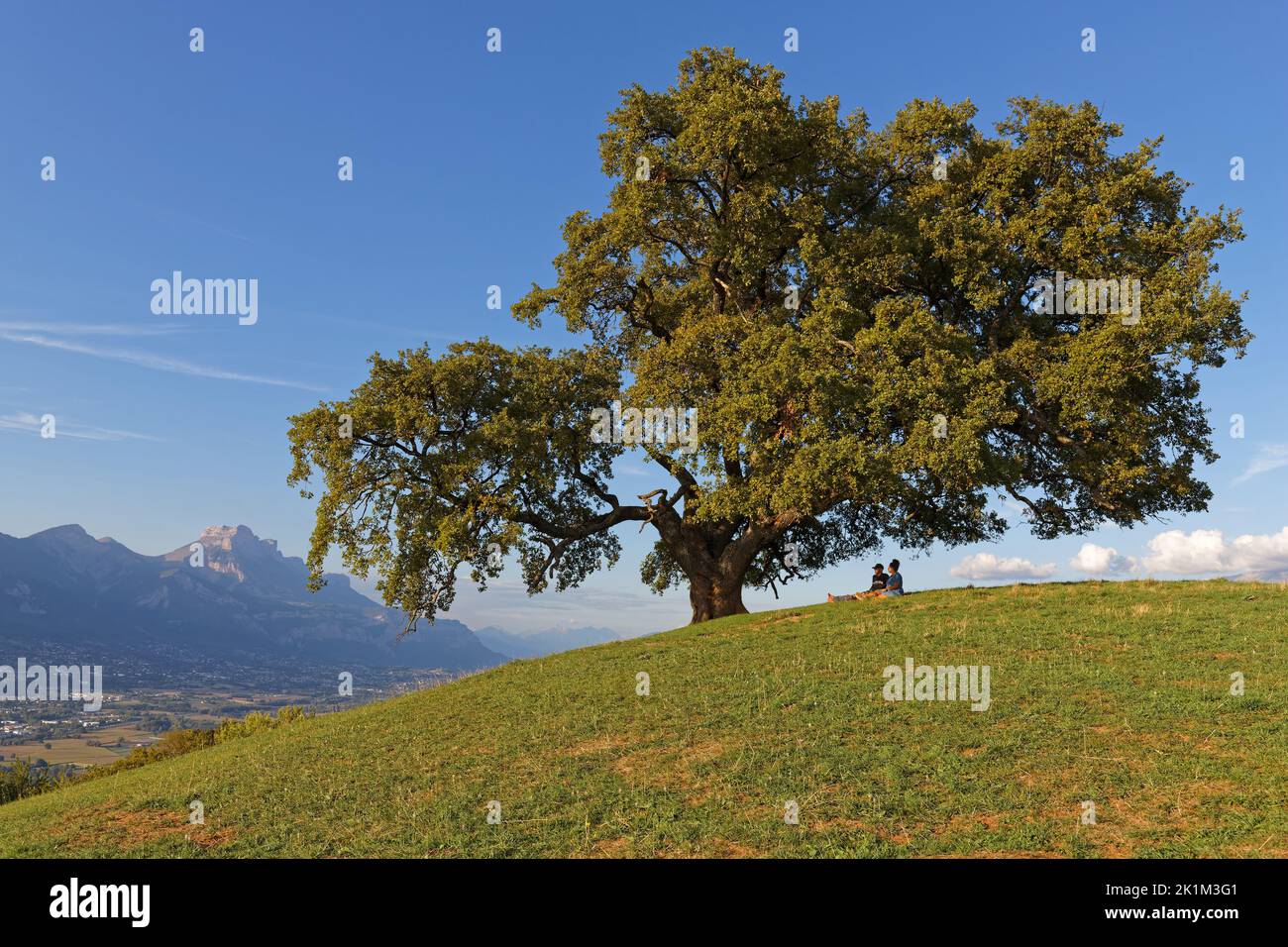 VENON, FRANCE, September 1, 2022 : Young couple rest at sunset under an ...