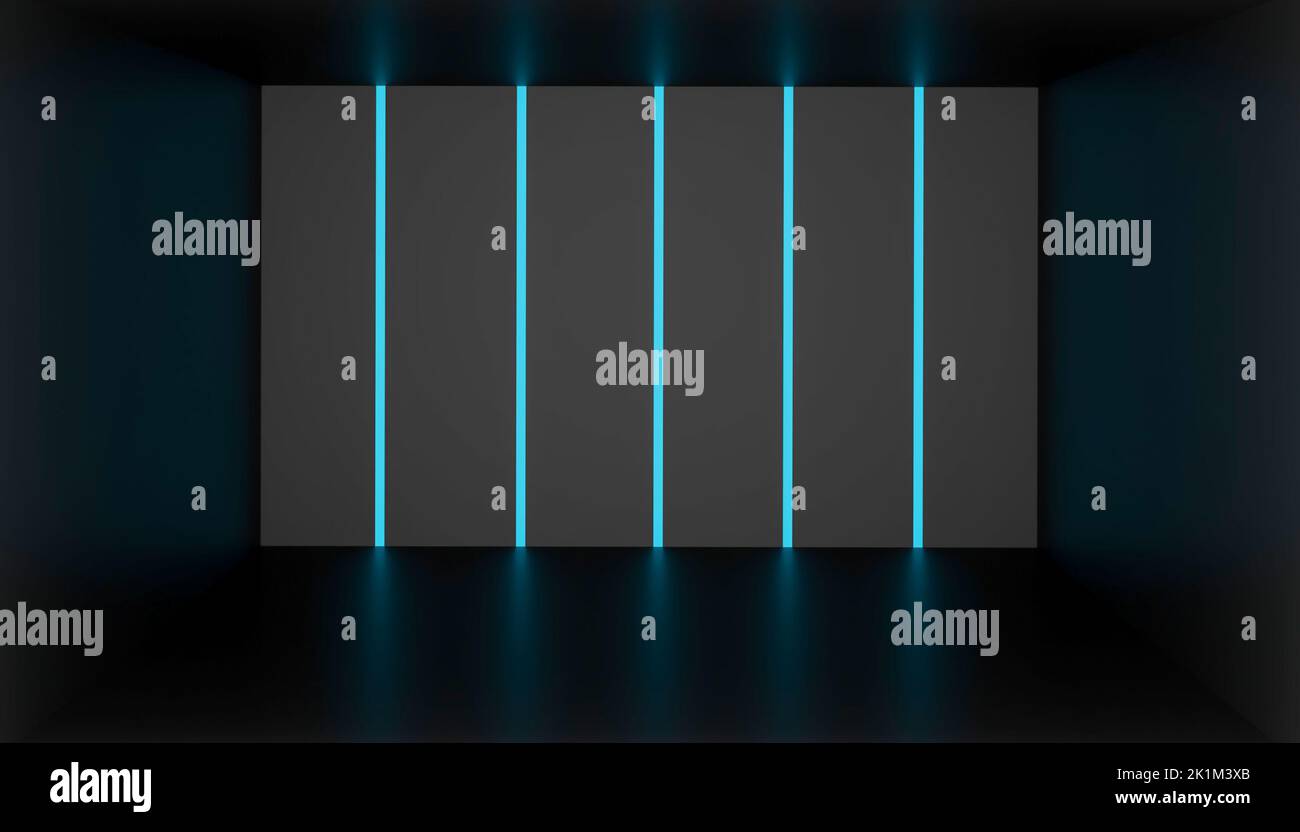 Empty Dark Futuristic Sci Fi Room With Blue Neon Lights And Reflection ...