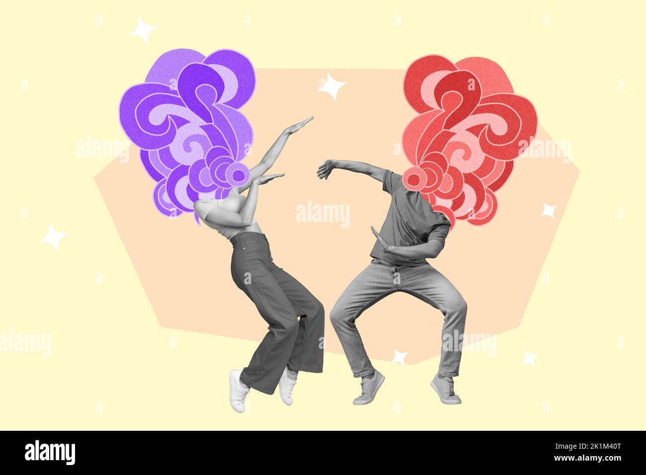 Creative photo collage illustration of carefree headless funny man girl ...