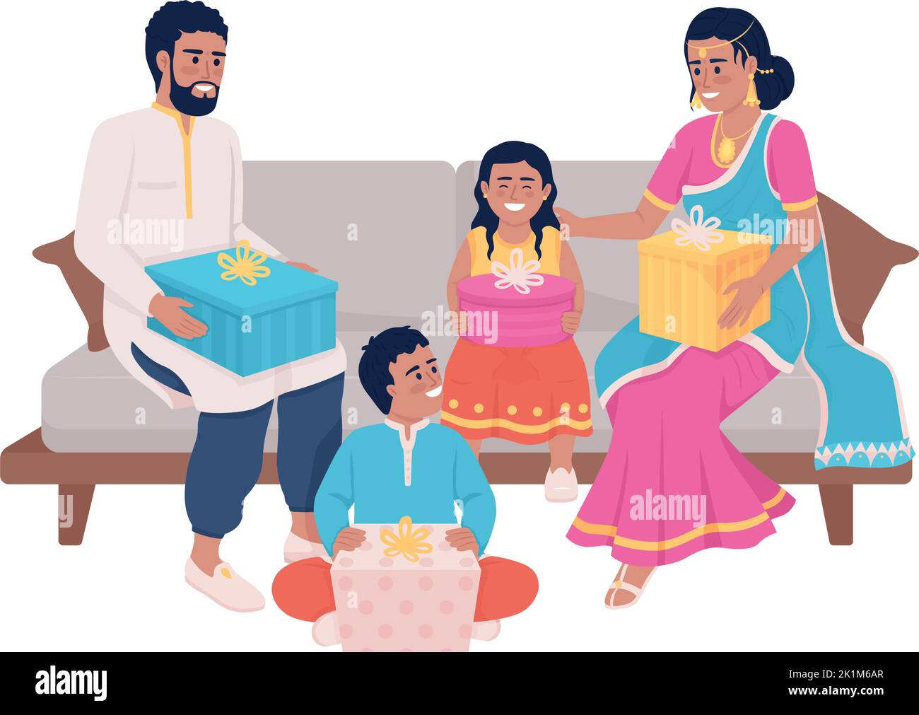 Family members exchanging gifts during festival semi flat color vector ...