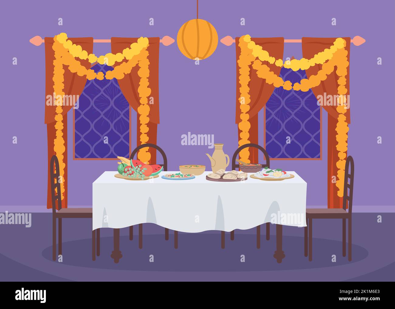 Served table for Diwali dinner flat color vector illustration Stock ...