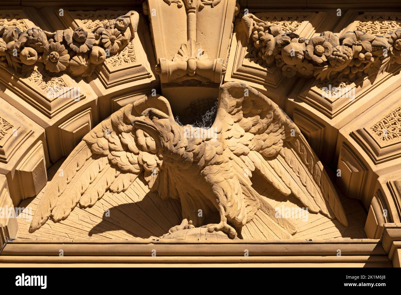 Sculpted eagle on Devere House in the Little Germany district of ...