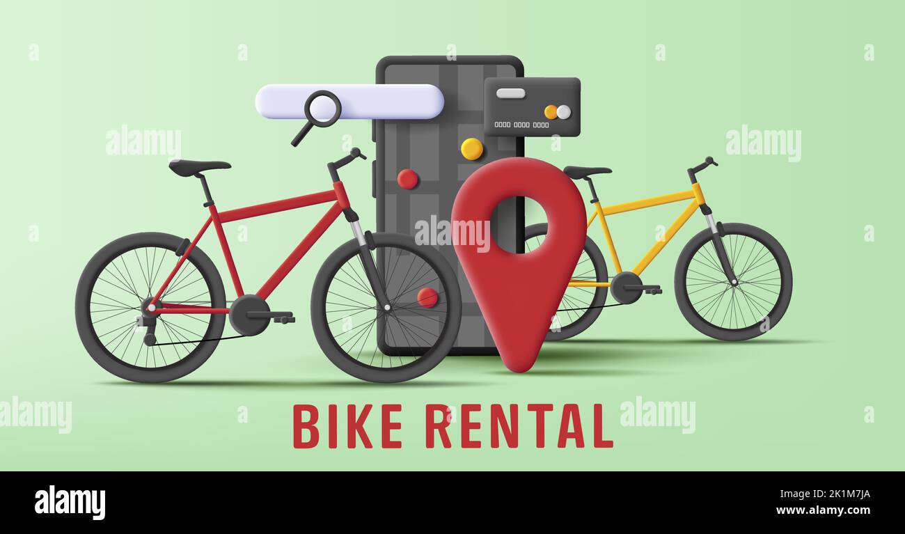 3d illustration bicycle rental service mobile application, smartphone ...