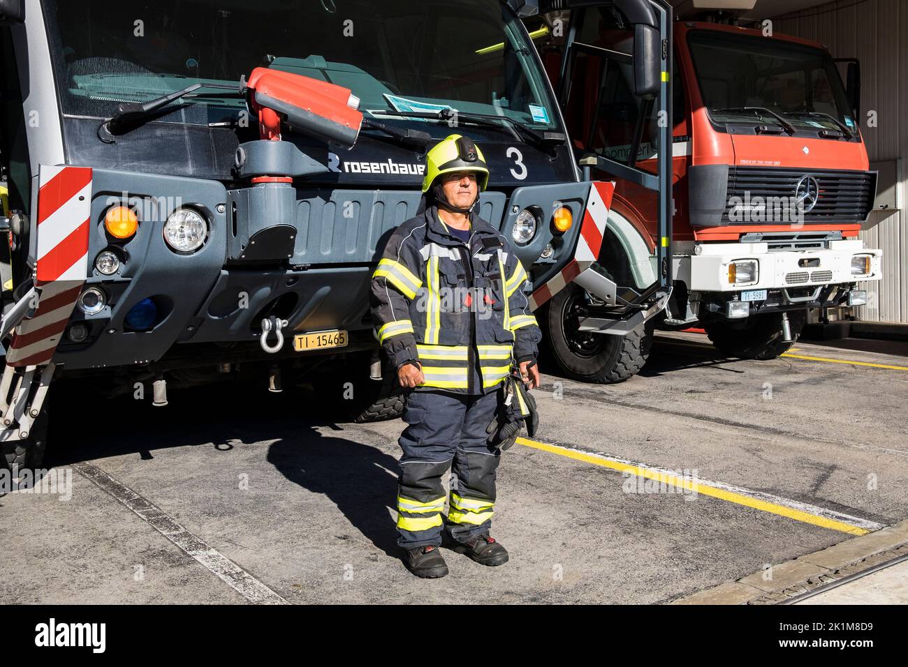 Switzerland, Canton Ticino, Lugano, Agno Airport, firefighters ...