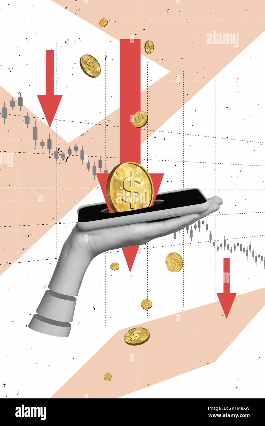 Collage photo of hand holding phone money token coin income minus decrease graphic market ...