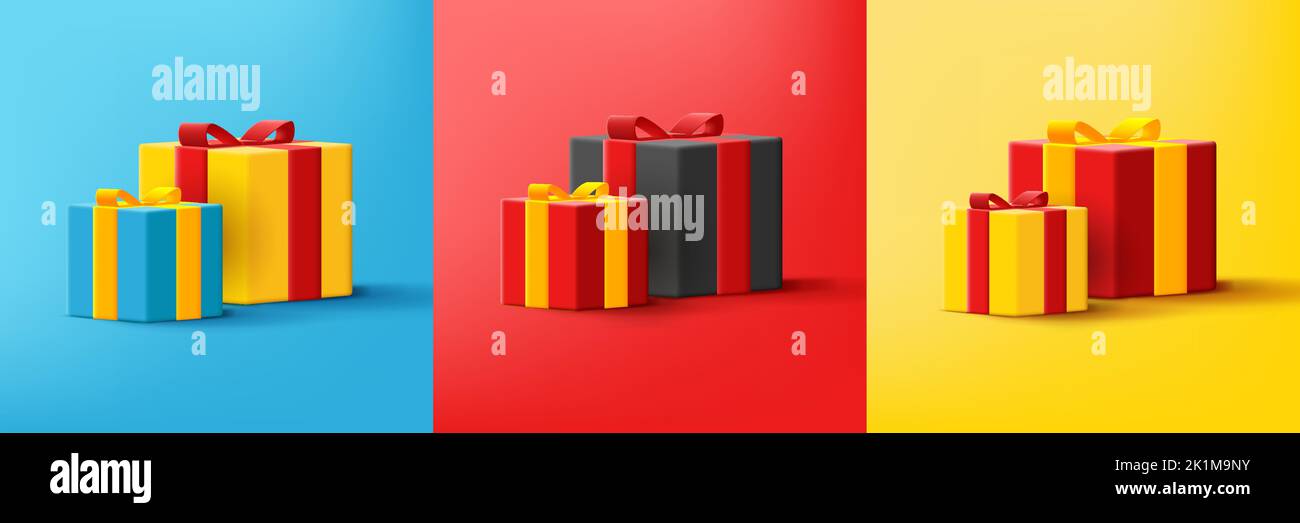 Set of gift boxes with ribbon and bow, small and large in different ...