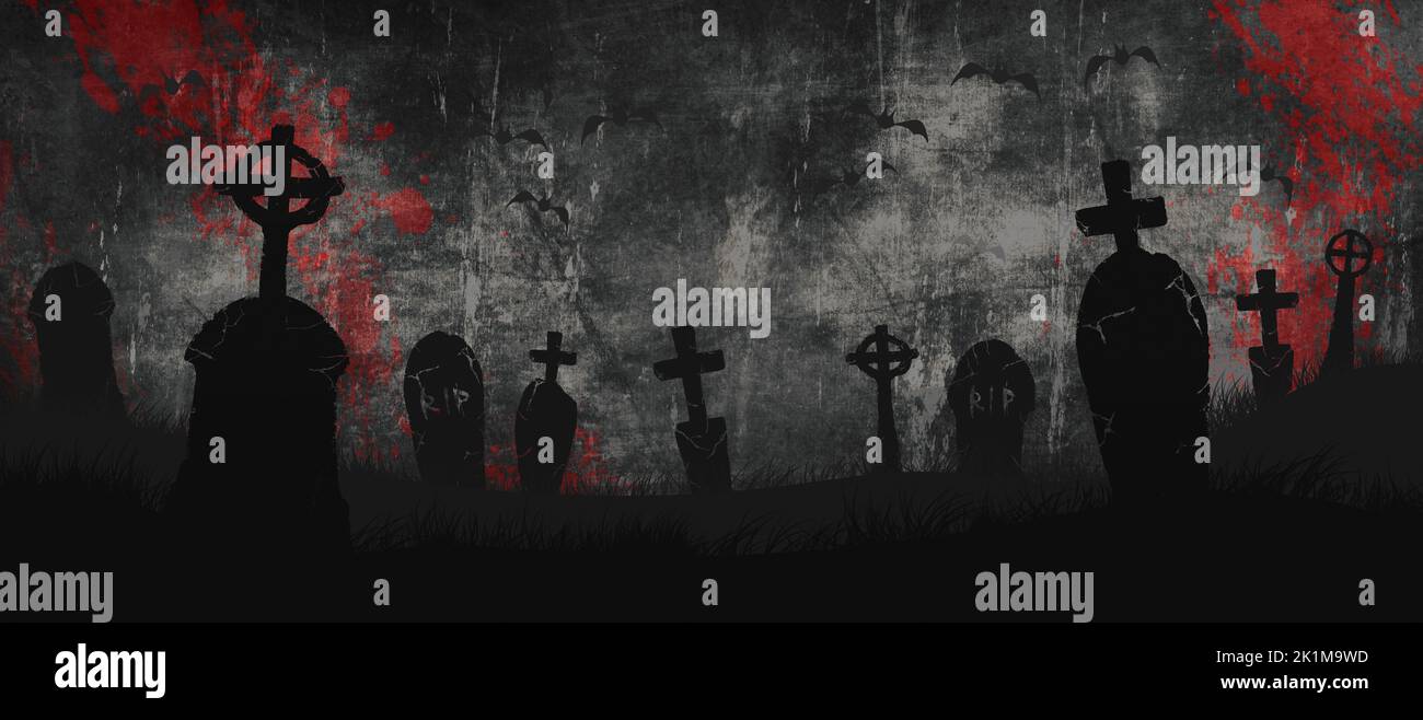 Happy Halloween banner. Cemetery with old graves 3D illustration Stock ...