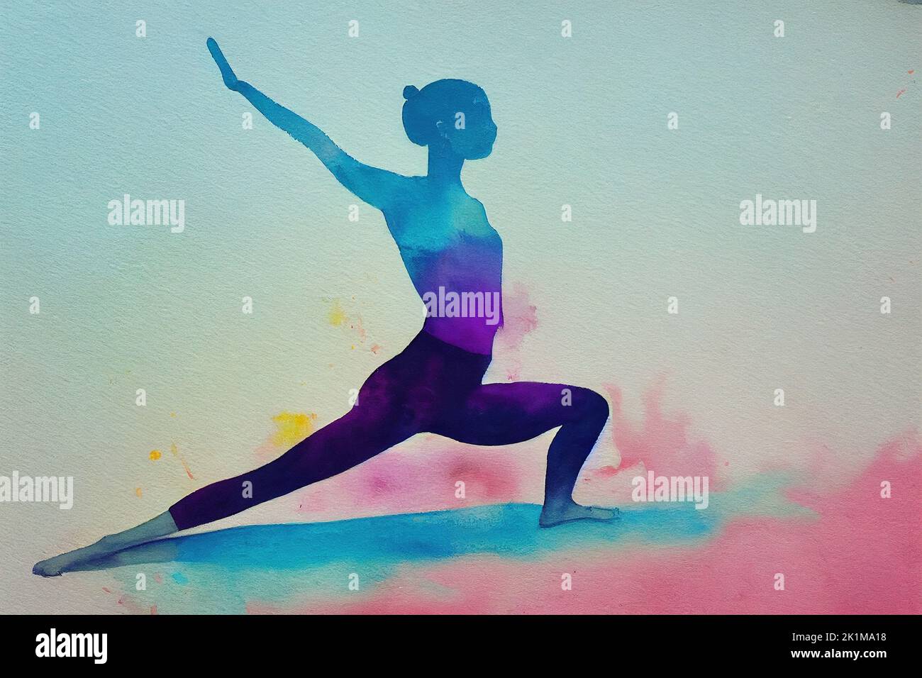A watercolor painting of a woman practicing anjaneyasana yoga pose ...