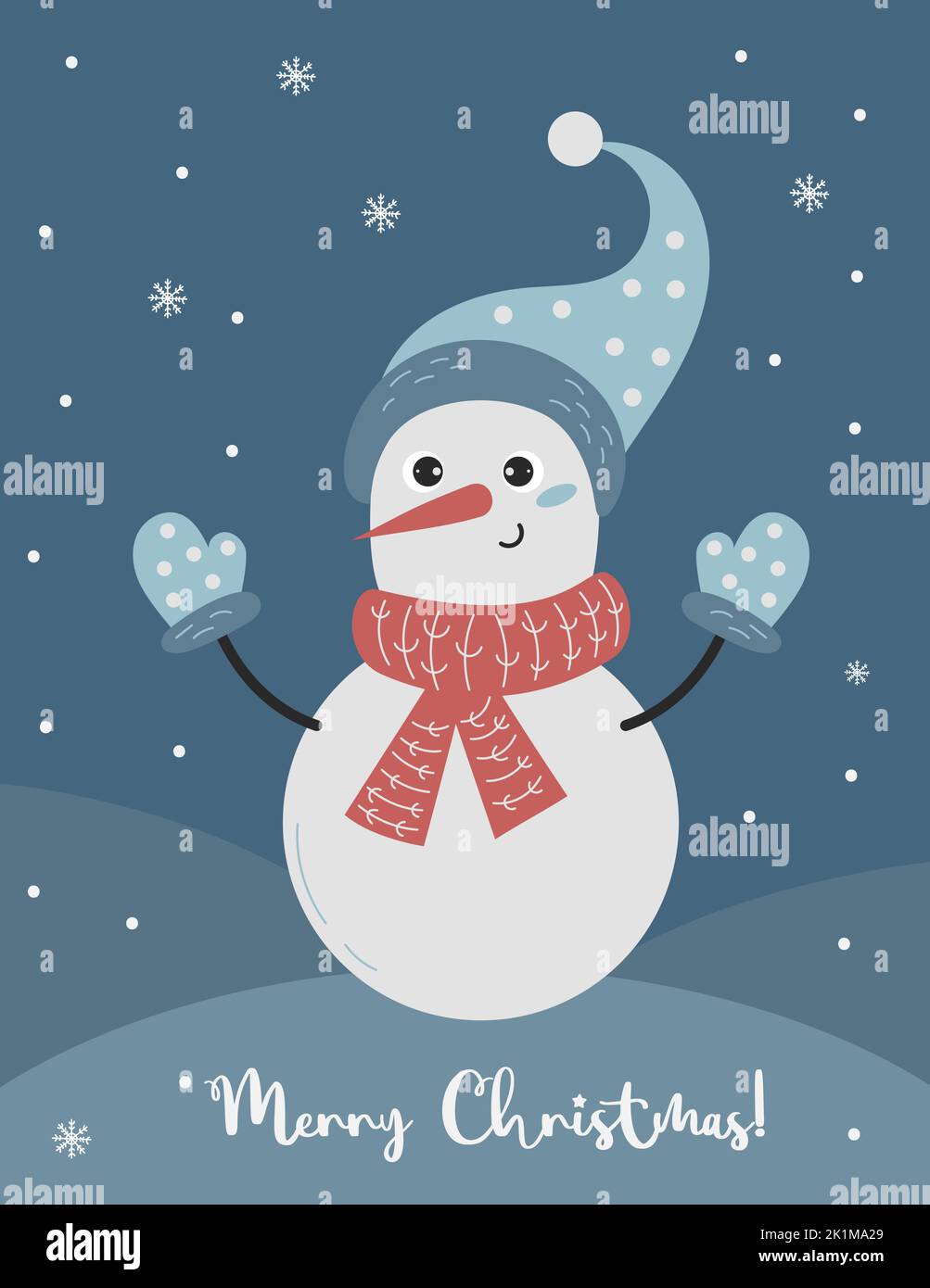 Christmas poster with cute cartoon character Snowman in knitted clothes ...