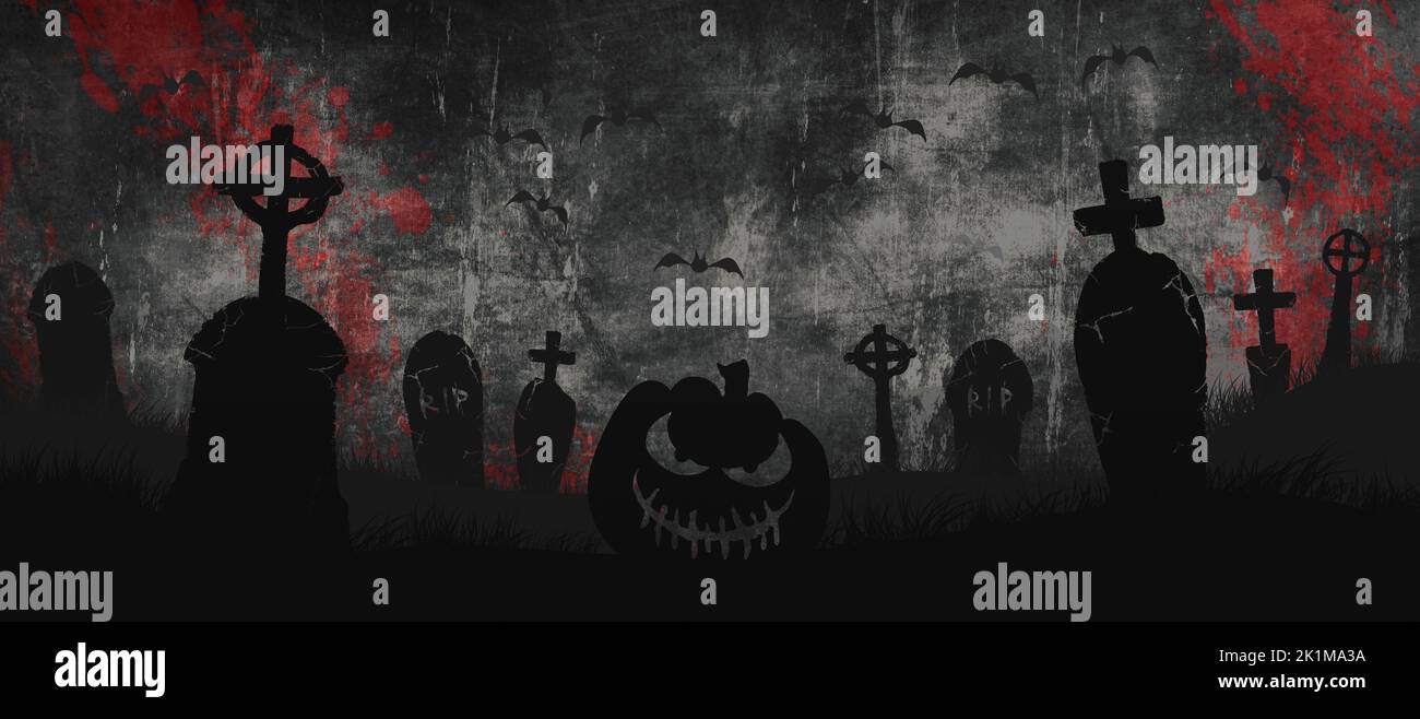 Happy Halloween banner. Halloween pumpkin and bats at cemetery 3D ...