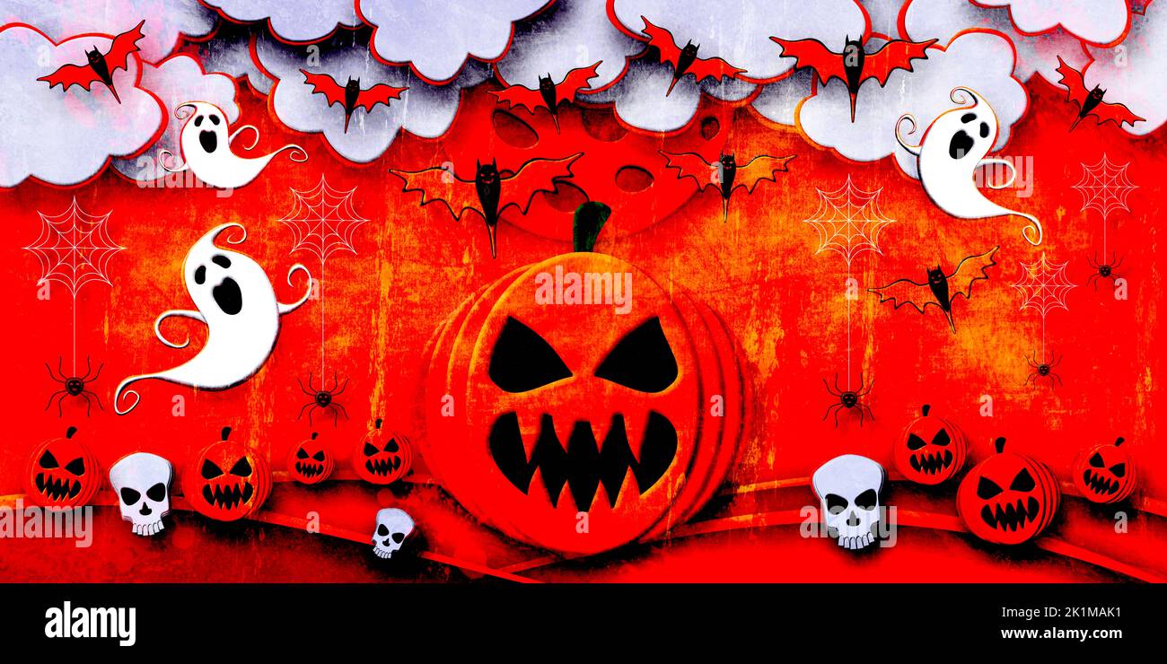 Happy Halloween. Jack 'O Lantern, bats, ghosts, spiders and skulls in ...