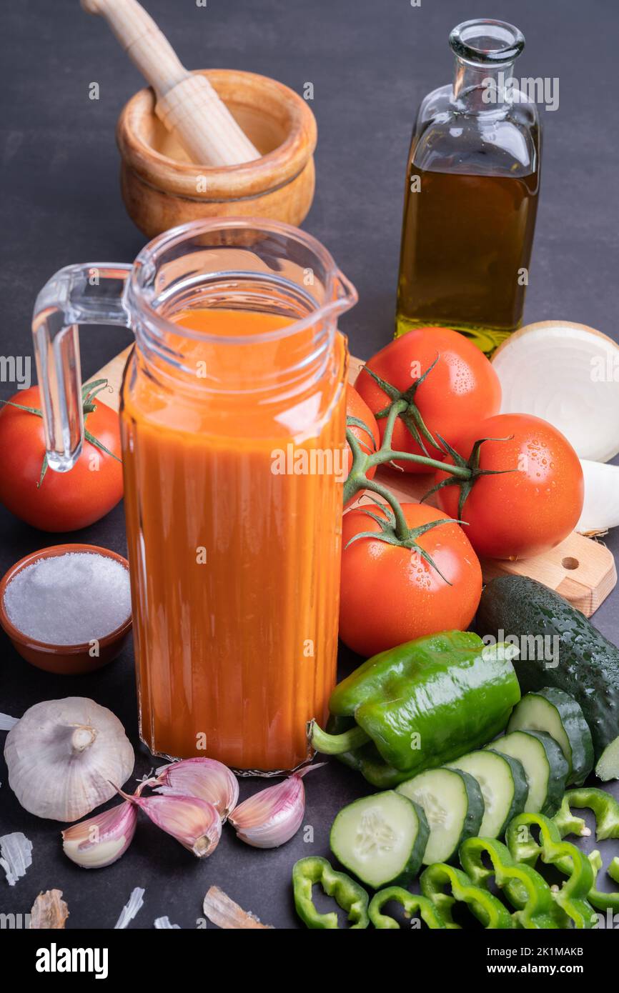 A gazpacho Spanish soup with the ingredients on the table Stock Photo ...