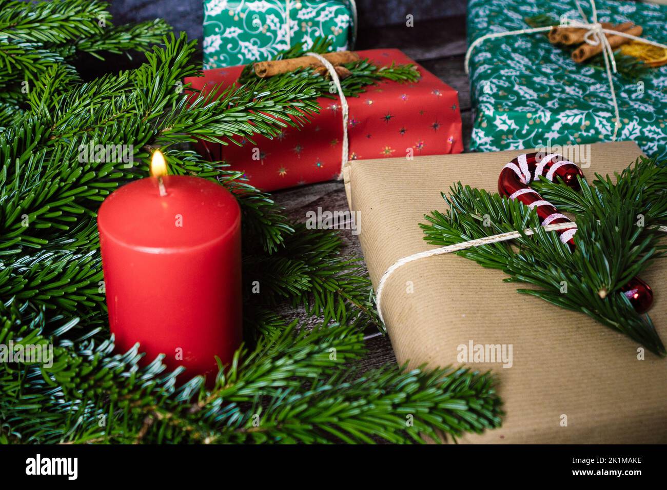 Christmas gift wrapping photo on wooden background. New year boxes with ...