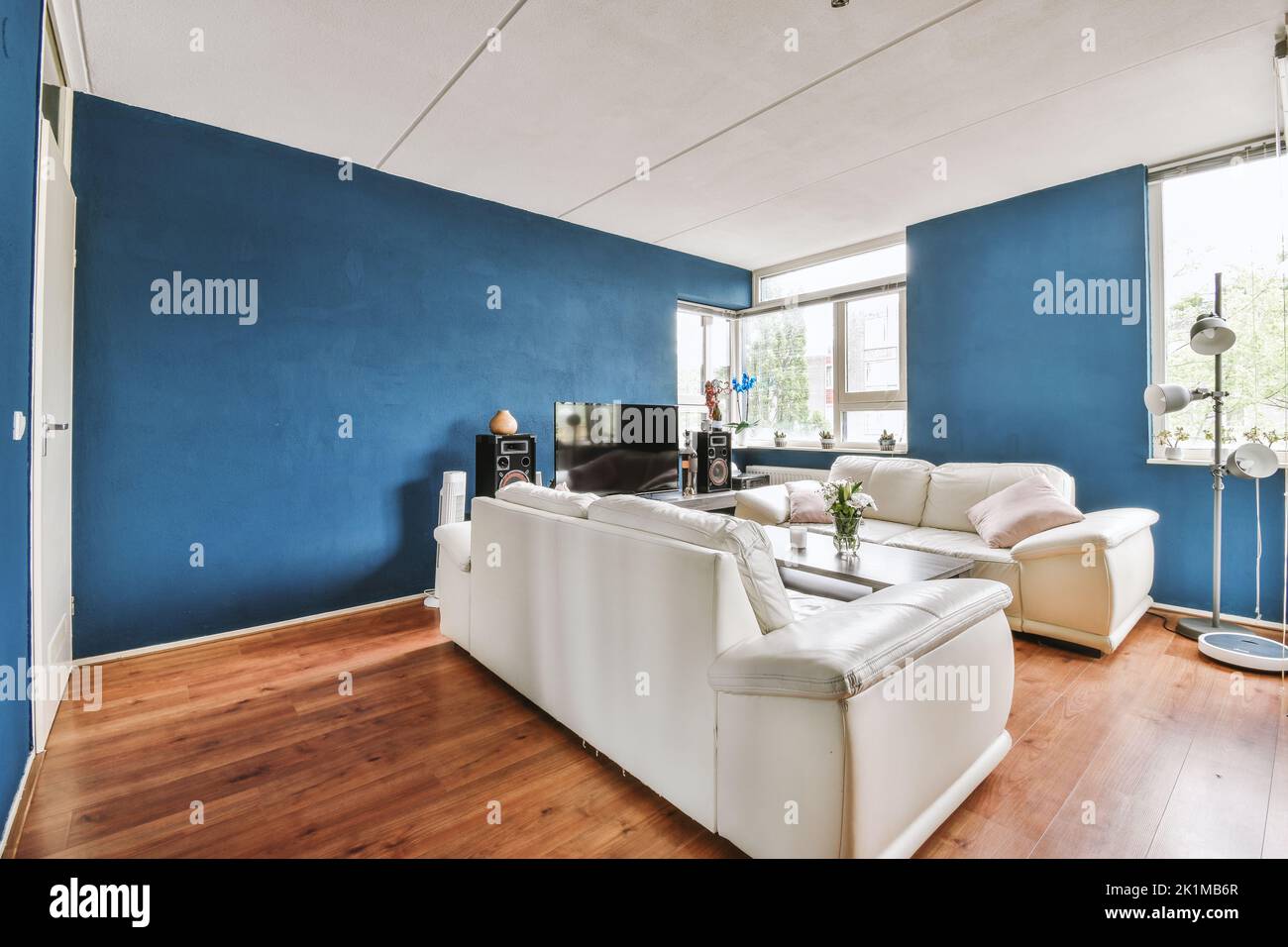 Square table placed on mat near couch and TV in stylish living room of ...