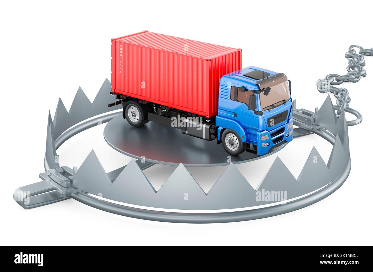 Container truck inside bear trap, 3D rendering isolated on white ...