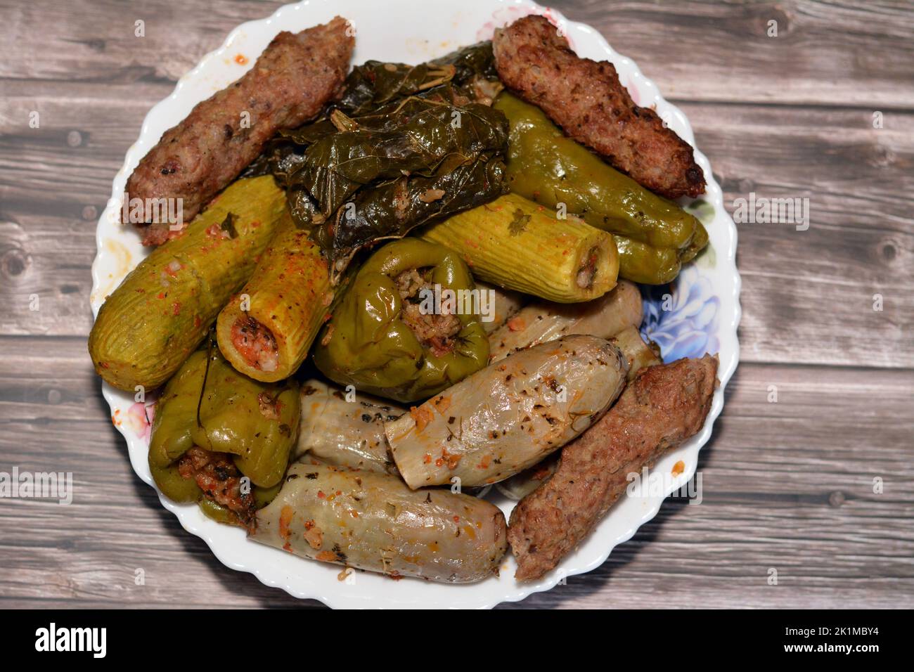 Stuffed squash zucchini Mahshi, eggplants, wrapped grape leaves, bell ...