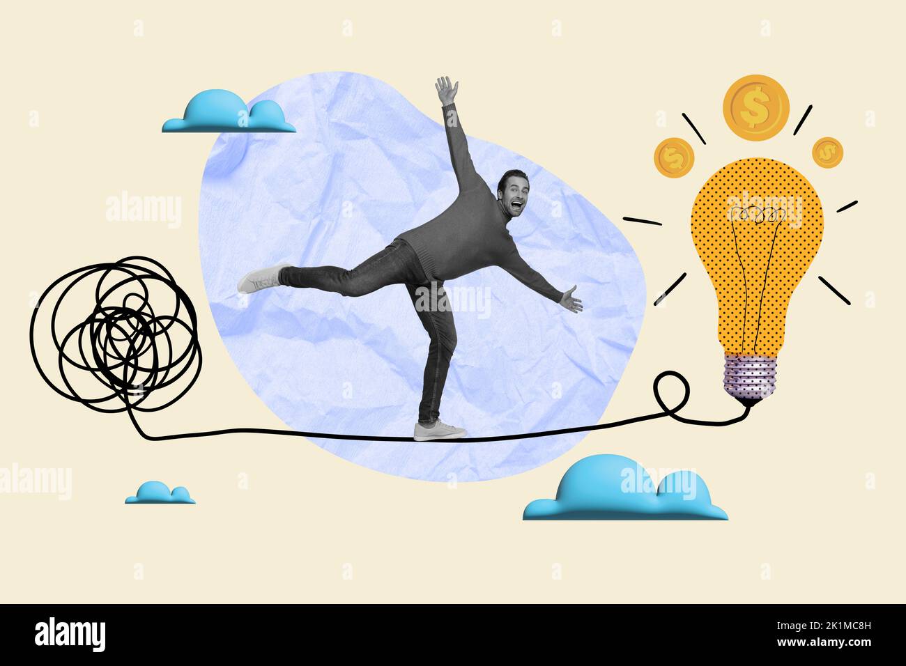 Creative photo collage of careless black white positive man balanced on ...