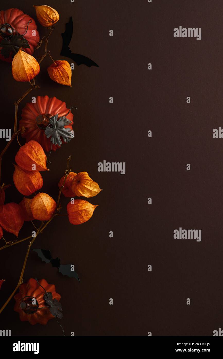 Halloween background. Flock of black bats and branch of dry orange ...